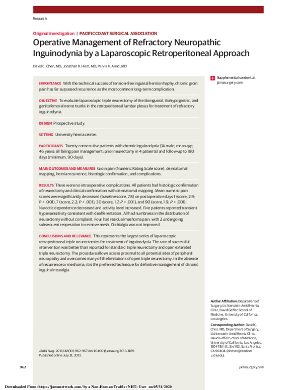 (PDF) Operative management of refractory neuropathic inguinodynia by a ...