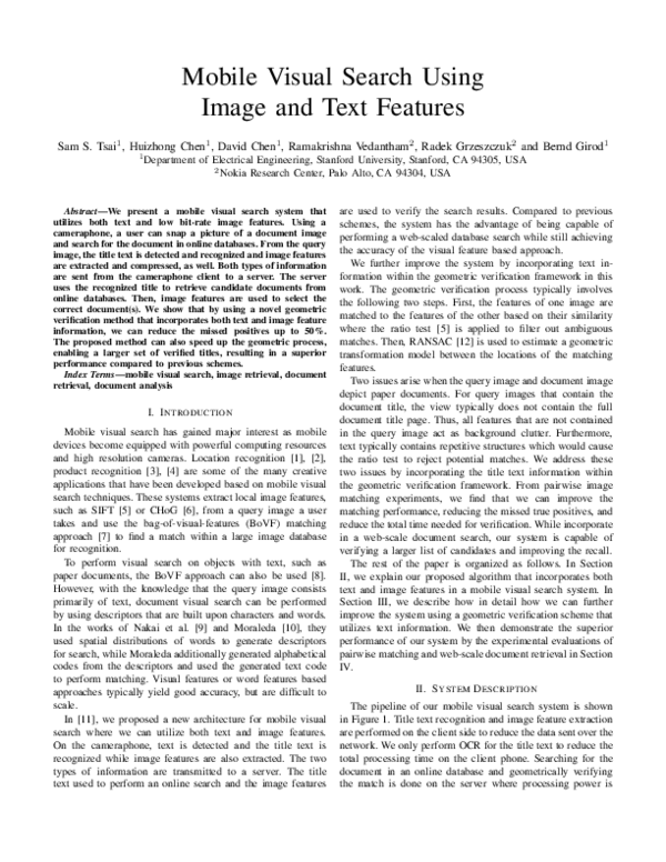 (PDF) Mobile visual search using image and text features