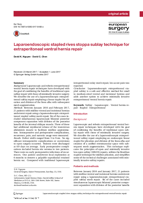 (PDF) Laparoendoscopic stapled rives stoppa sublay technique for ...