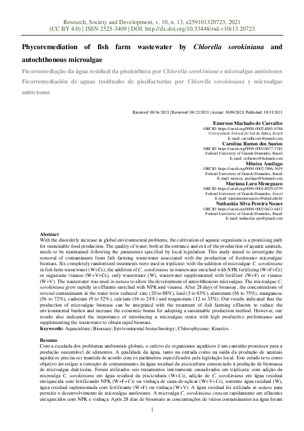 (PDF) Phycoremediation of fish farm wastewater by Chlorella sorokiniana and autochthonous microalgae