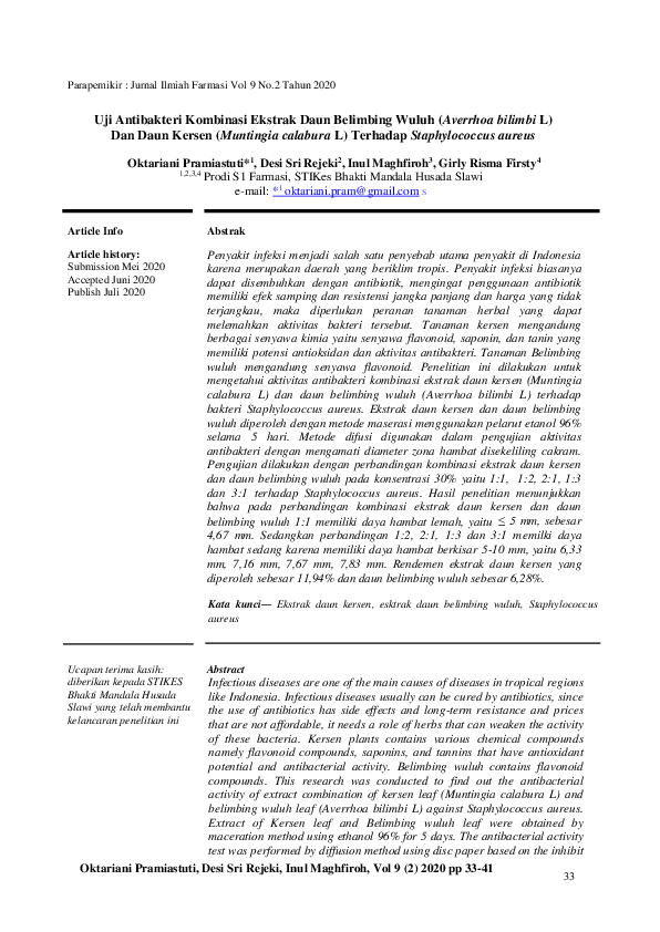 (PDF) Uji Antibakteri Kombinasi Ekstrak Daun Belimbing Wuluh (Averrhoa bilimbi L) Dan Daun ...