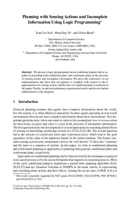Pdf Planning With Sensing Actions And Incomplete Information Using Logic Programming