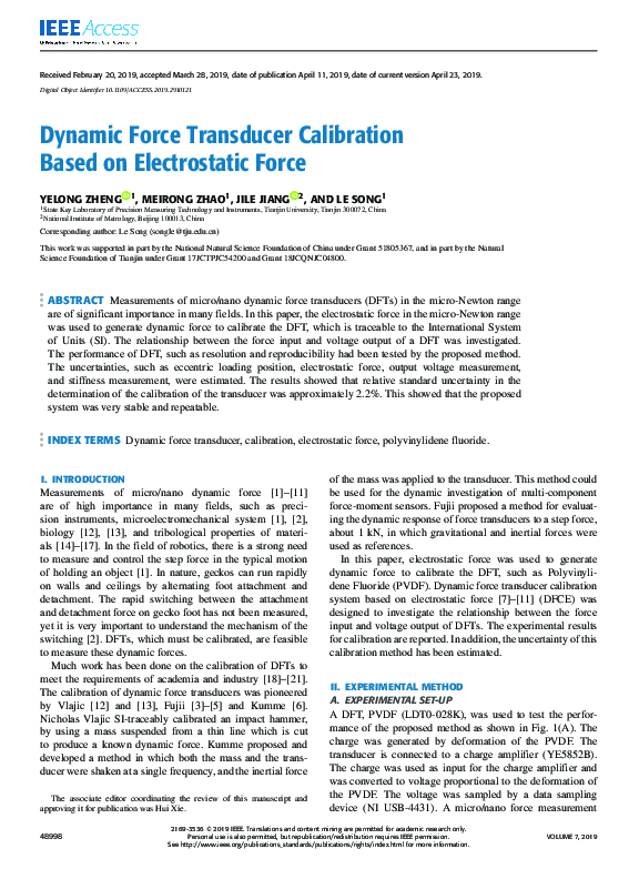 (PDF) Dynamic Force Transducer Calibration Based on Electrostatic Force
