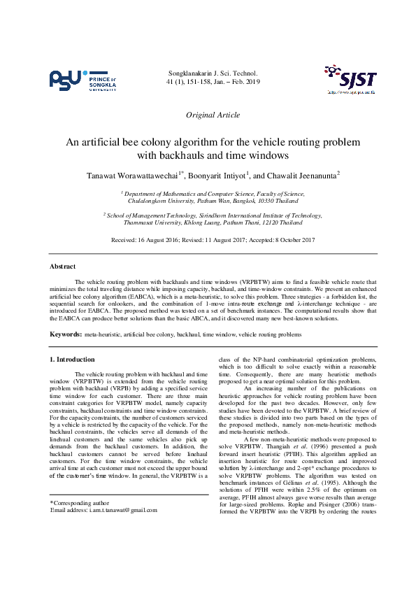 (PDF) An artificial bee colony algorithm for the vehicle routing problem with backhauls and time ...