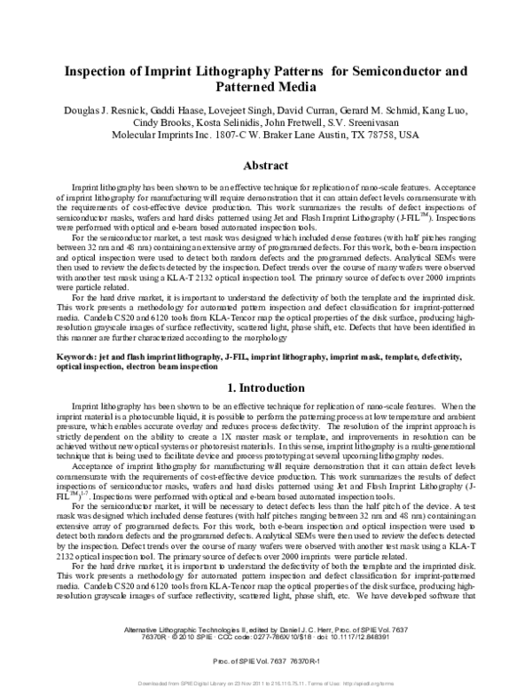 (PDF) Inspection of imprint lithography patterns for semiconductor and ...