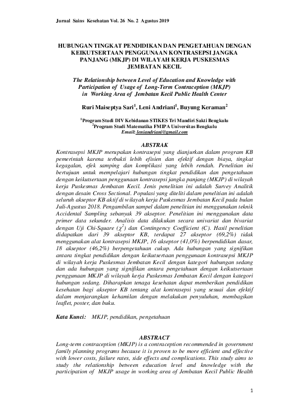 (PDF) Hubungan Tingkat Pendidikan Dan Pengetahuan Dengan Keikutsertaan Penggunaan Kontrasepsi ...