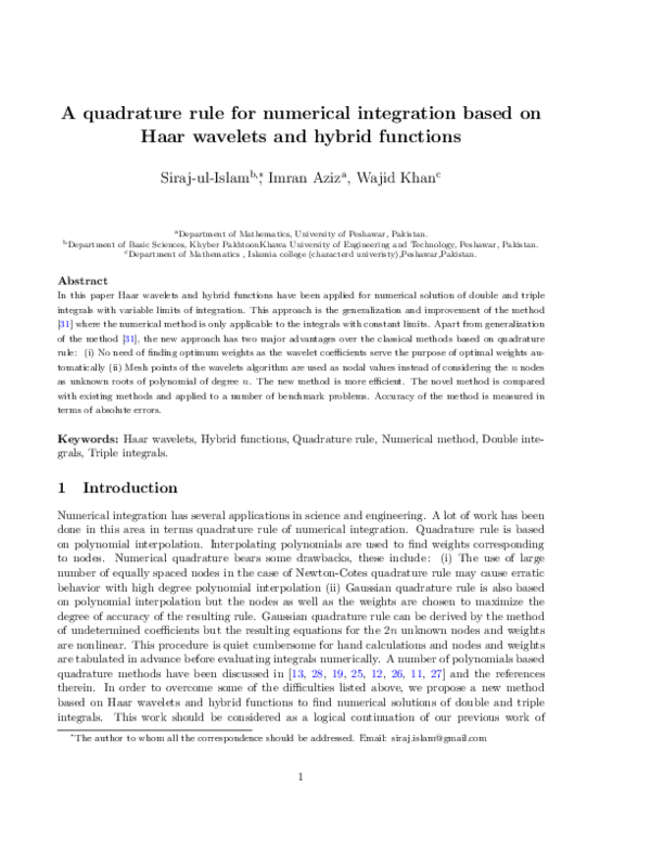 Pdf Quadrature Rules For Numerical Integration Based On Haar Wavelets And Hybrid Functions 