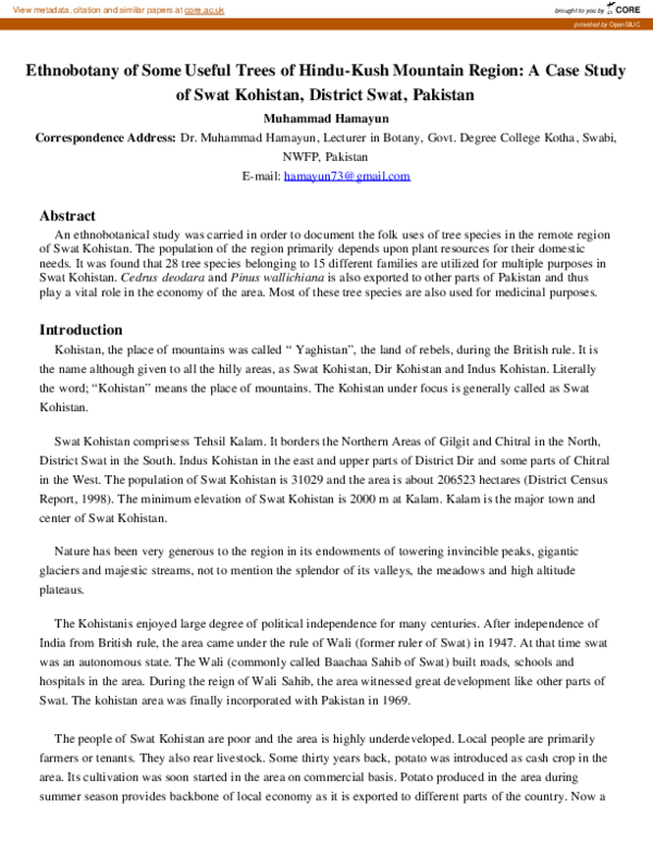 (PDF) Ethnobotany of Some Useful Trees of Hindu-Kush Mountain Region: A Case Study of Swat ...