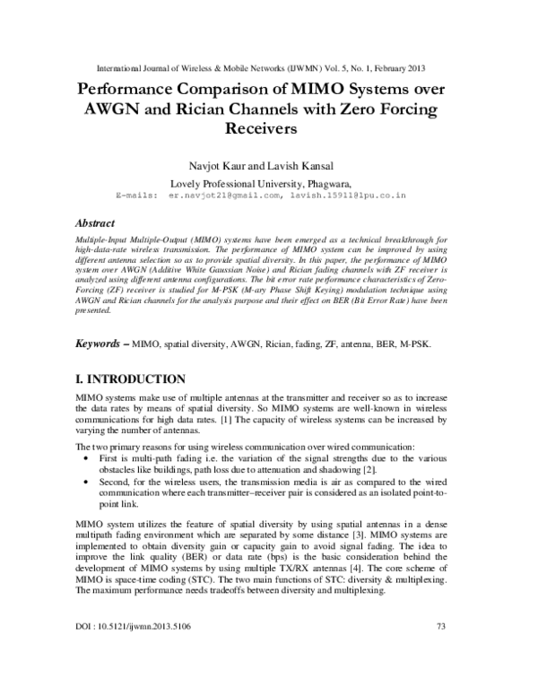 (PDF) Performance Comparison of MIMO Systems over AWGN and Rician ...