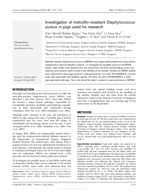(PDF) Investigation of meticillin-resistant Staphylococcus aureus in pigs used for research
