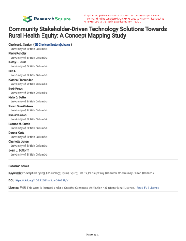 (PDF) Community Stakeholder-Driven Technology Solutions Towards Rural Health Equity: A Concept ...
