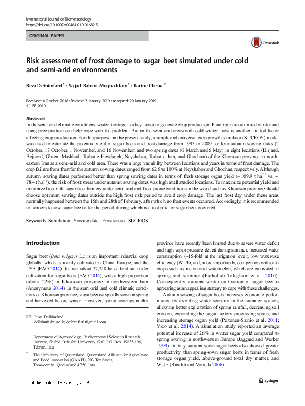 (PDF) Risk assessment of frost damage to sugar beet simulated under ...