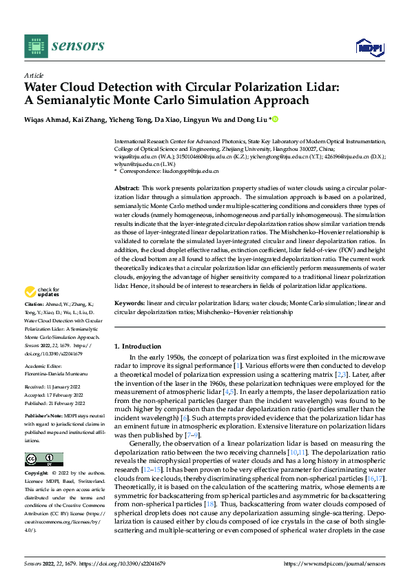 Pdf Water Cloud Detection With Circular Polarization Lidar A Semianalytic Monte Carlo