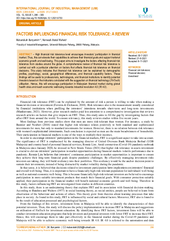 (PDF) Factors Influencing Financial Risk Tolerance: A Review