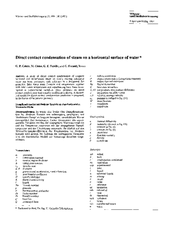 (PDF) Direct contact condensation of steam on a horizontal surface of water