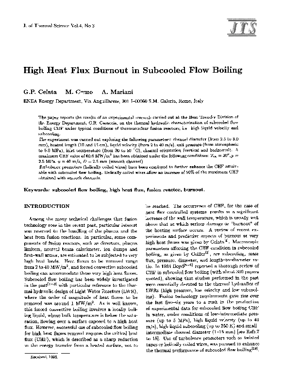(PDF) High heat flux burnout in subcooled flow boiling | G. Celata - Academia.edu