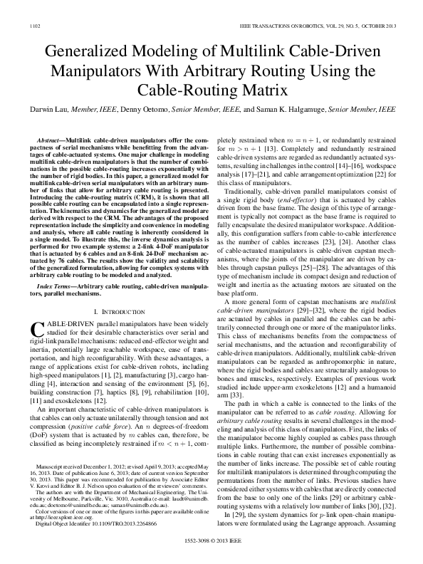 Pdf Generalized Modeling Of Multilink Cable Driven Manipulators With Arbitrary Routing Using