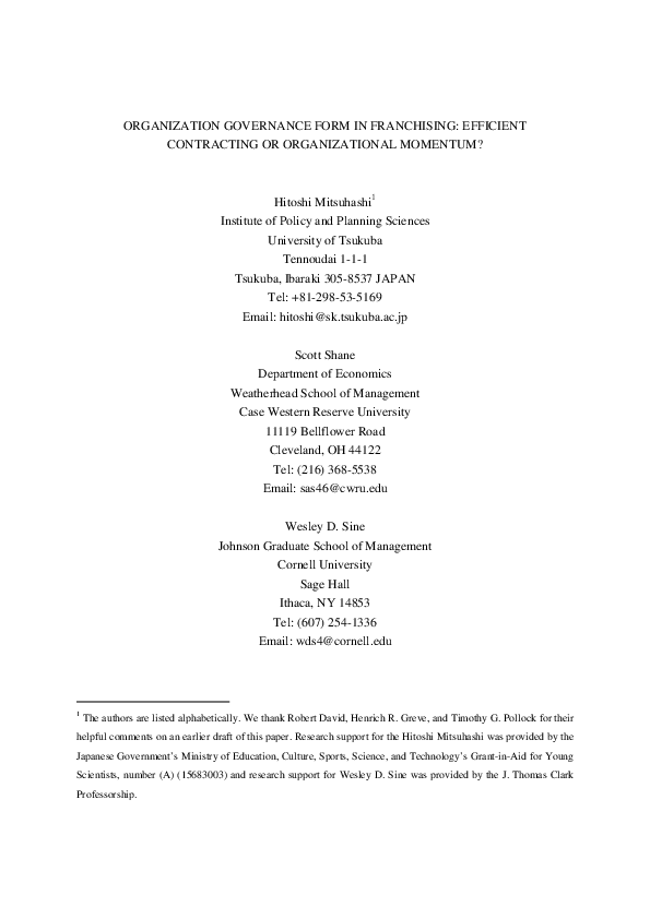 (PDF) Organization governance form in franchising: efficient ...
