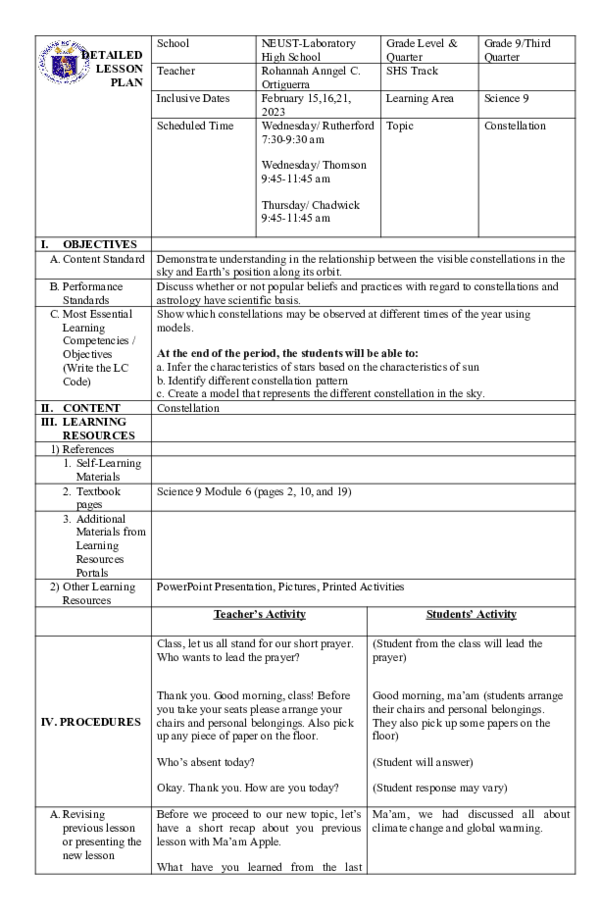 (DOC) DETAILED LESSON PLAN IN CONSTELLATION 9
