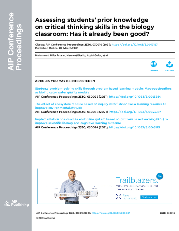 (PDF) Assessing students’ prior knowledge on critical thinking skills in the biology classroom ...