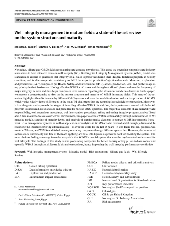 (PDF) Well integrity management in mature fields: a state-of-the-art review on the system ...