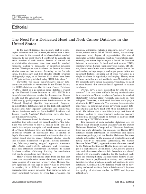 (PDF) The need for a dedicated Head and Neck Cancer Database in the ...