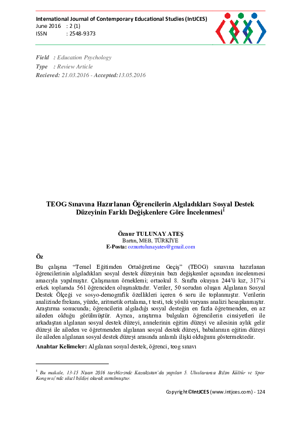 (PDF) TEOG Sınavına Hazırlanan Öğrencilerin Algıladıkları Sosyal Destek ...