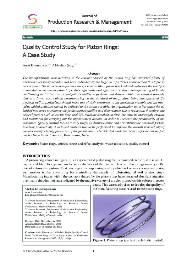 (PDF) Quality Control Study for Piston Rings: A Case Study