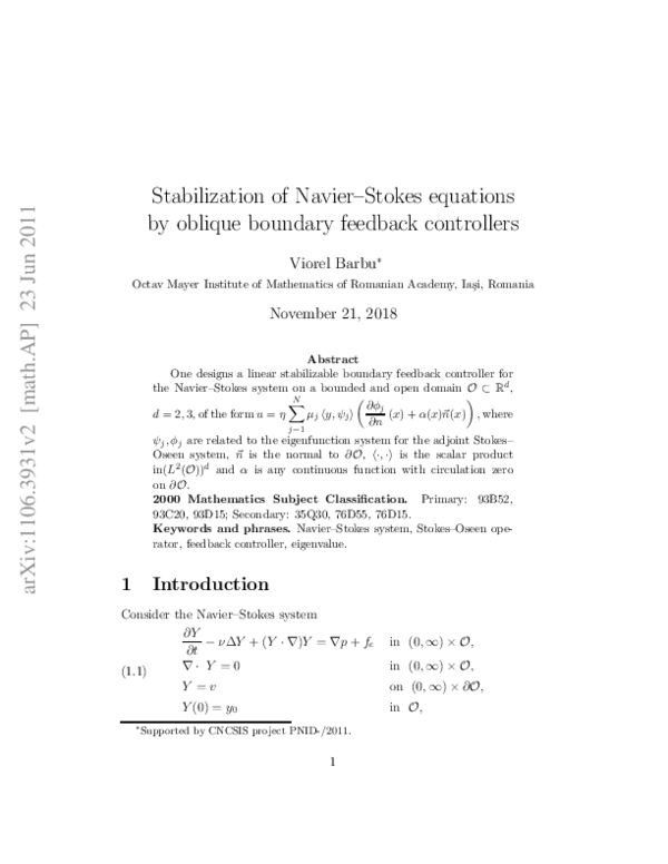 (PDF) Stabilization of Navier--Stokes Equations by Oblique Boundary Feedback Controllers