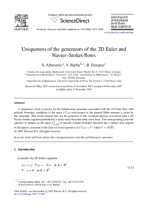 (PDF) Uniqueness of the generators of the 2D Euler and Navier–Stokes flows