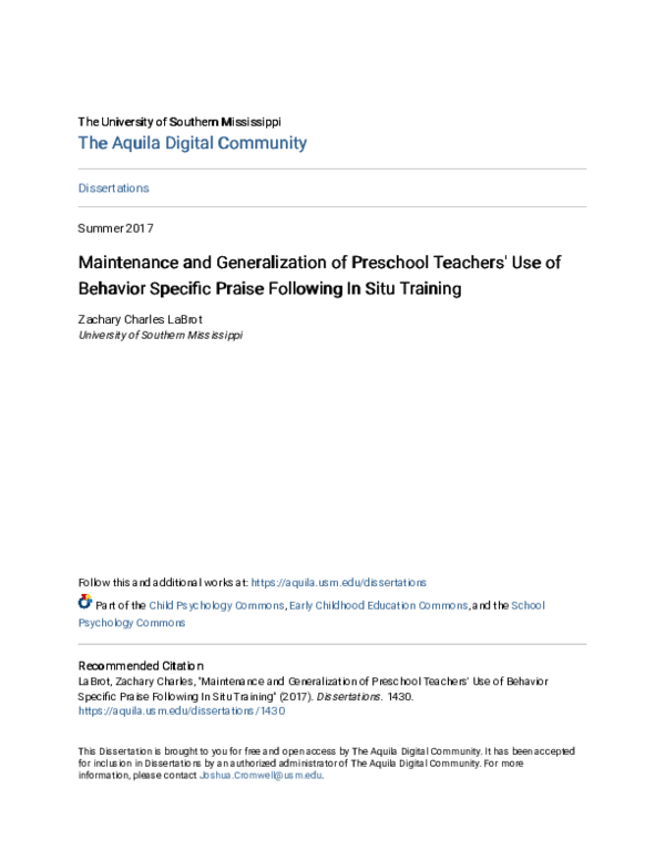 (PDF) Maintenance and Generalization of Preschool Teachers’ Use of ...