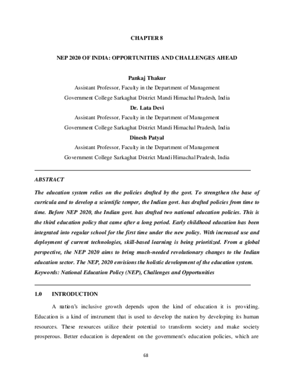 (PDF) NEP 2020 OF INDIA: OPPORTUNITIES AND CHALLENGES AHEAD