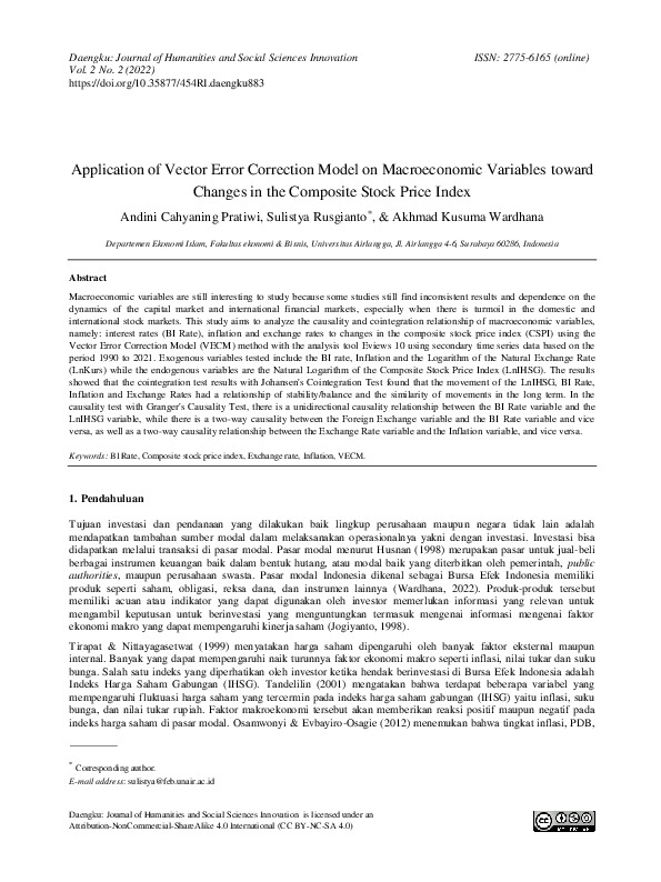 (PDF) Application of Vector Error Correction Model on Macroeconomic Variables toward Changes in ...