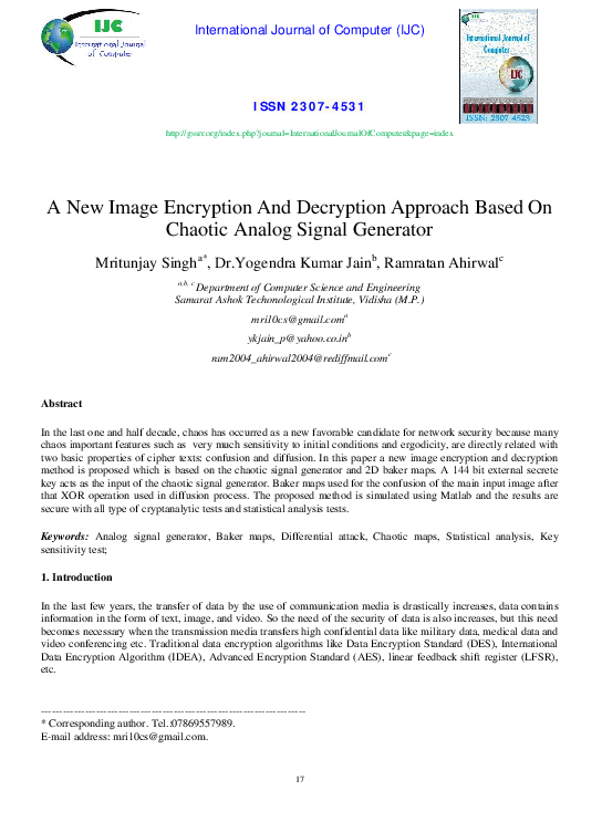 Pdf A New Image Encryption And Decryption Approach Based On Chaotic Analog Signal Generator