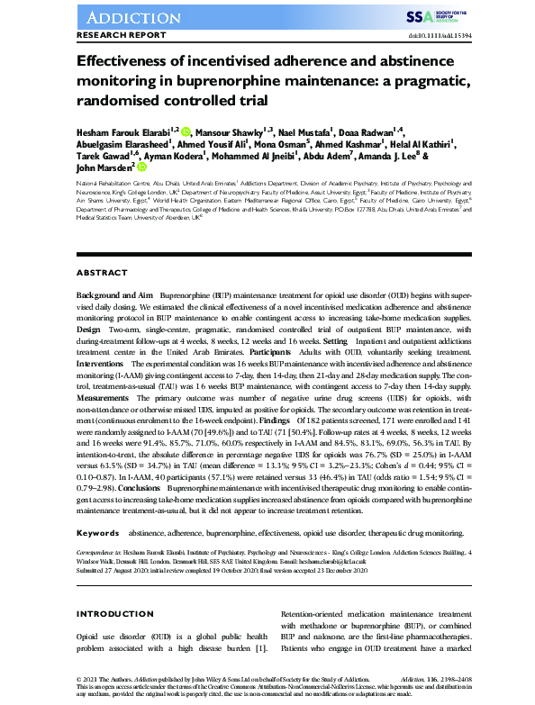 (PDF) Effectiveness of incentivised adherence and abstinence monitoring in buprenorphine ...
