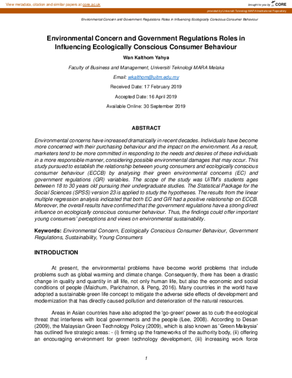 (PDF) Environmental Concern and Government Regulations Roles in ...