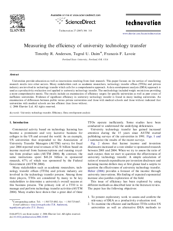 (PDF) Measuring the efficiency of university technology transfer
