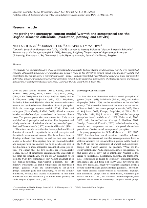 (PDF) Integrating the stereotype content model (warmth and competence ...