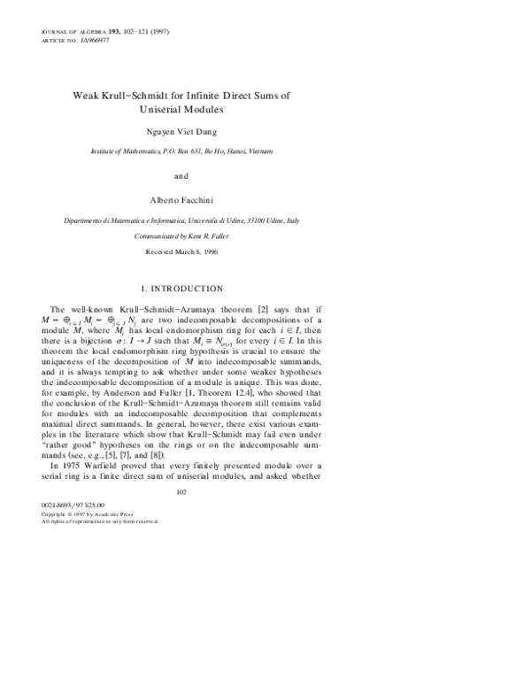 (PDF) Weak Krull–Schmidt for Infinite Direct Sums of Uniserial Modules
