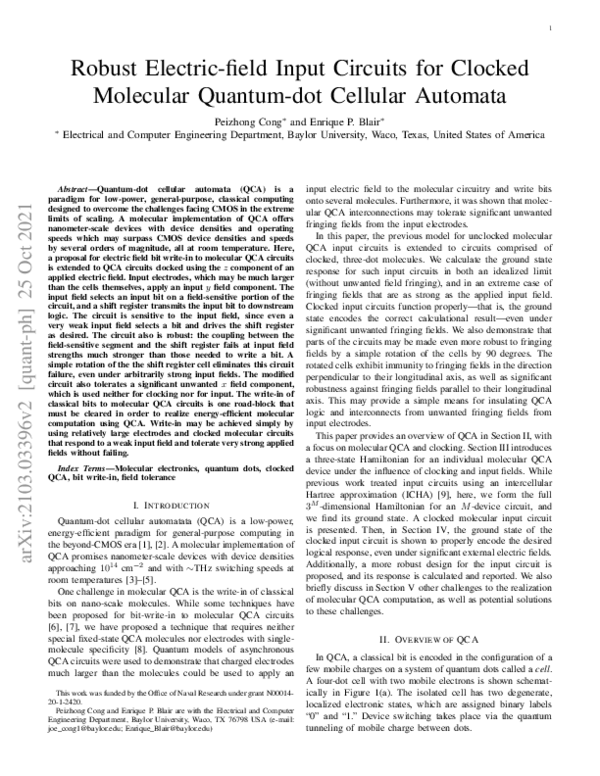 Pdf Robust Electric Field Input Circuits For Clocked Molecular Quantum Dot Cellular Automata 