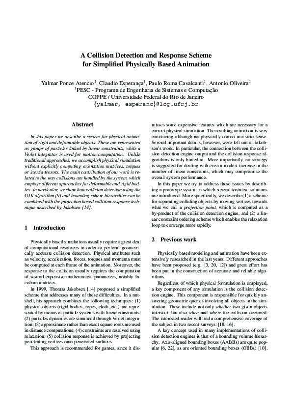 Pdf A Collision Detection And Response Scheme For Simplified Physically Based Animation