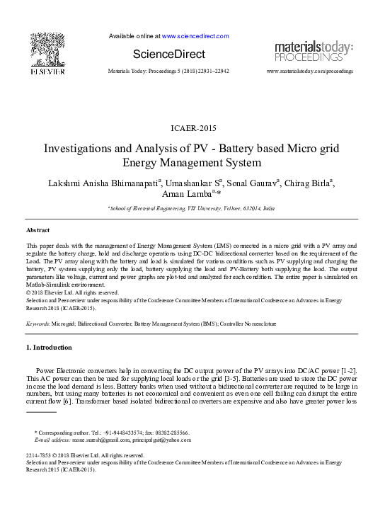 (PDF) Investigations and Analysis of PV - Battery based Micro grid Energy Management System