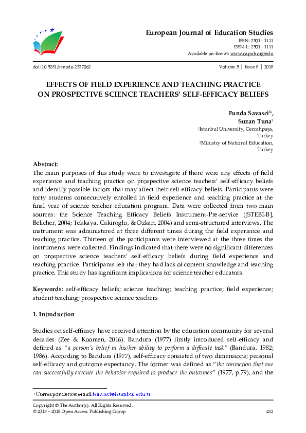 (PDF) Effects of Field Experience and Teaching Practice on Prospective Science Teachers’ Self ...
