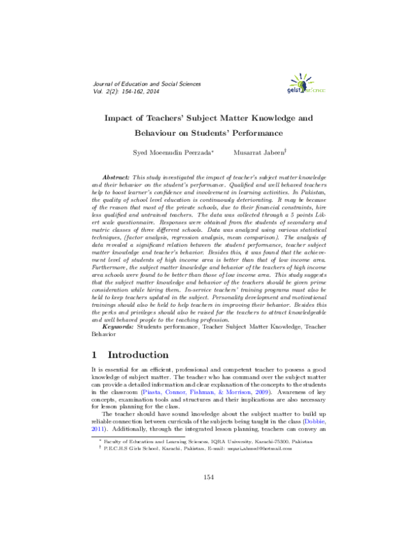 (PDF) Impact of Teachers' Subject Matter Knowledge and Behaviour on ...