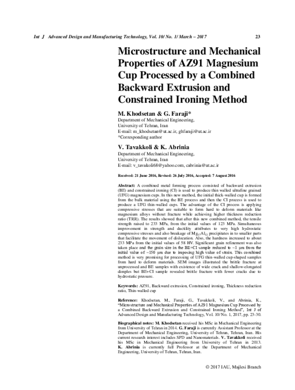 (PDF) Microstructure and Mechanical Properties of AZ91 Magnesium Cup ...