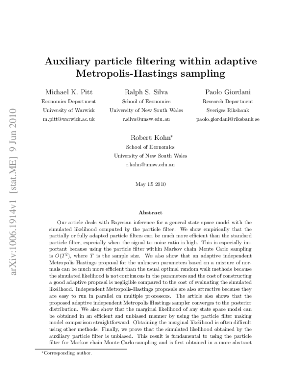 (PDF) Auxiliary Particle filtering within adaptive Metropolis-Hastings Sampling | Robert Kohn ...