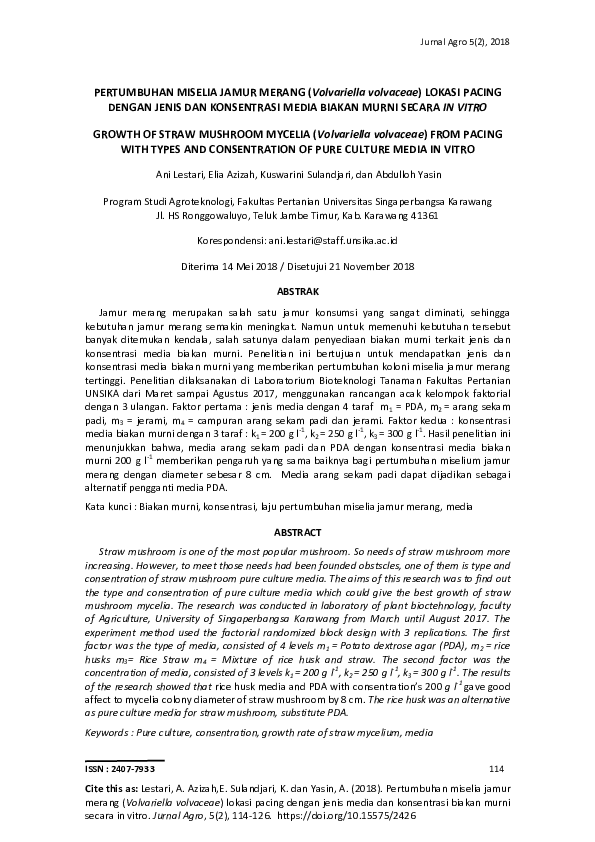 (PDF) Pertumbuhan miselia jamur merang (Volvariella volvaceae) lokasi ...