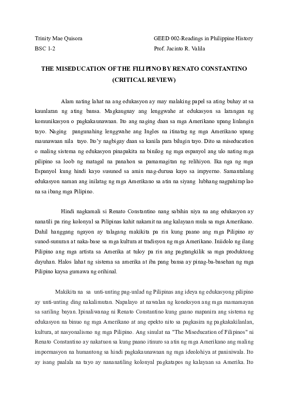 (PDF) A Critical Review on The Miseducation of the Filipino by Renato Constantino