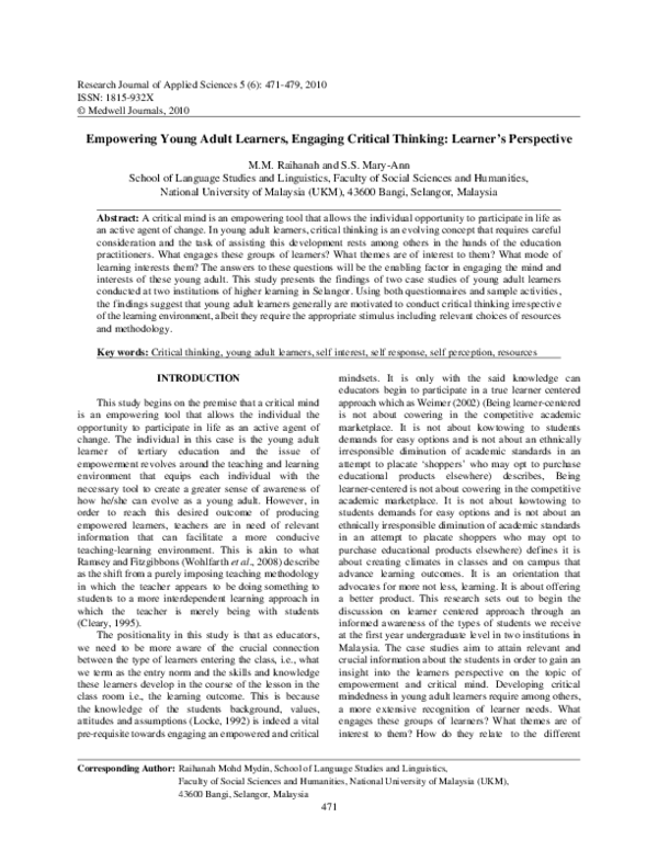 (PDF) Empowering Young Adult Learners, Engaging Critical Thinking ...