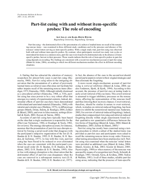 (PDF) Part-list cuing with and without item-specific probes: The role ...